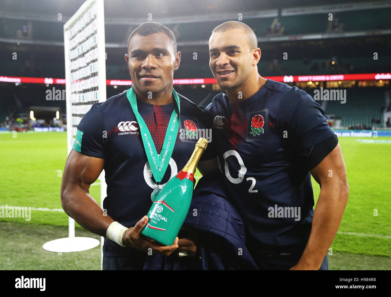 England's Semesa Rokoduguni (left) with his Man of the Match award and ...