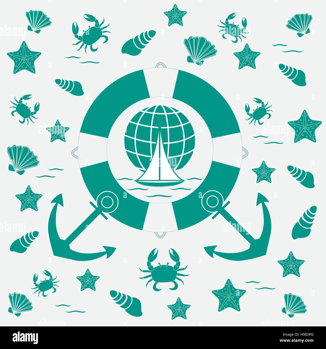 Nice picture on the marine theme: life preserver, anchor, boat, wave ...