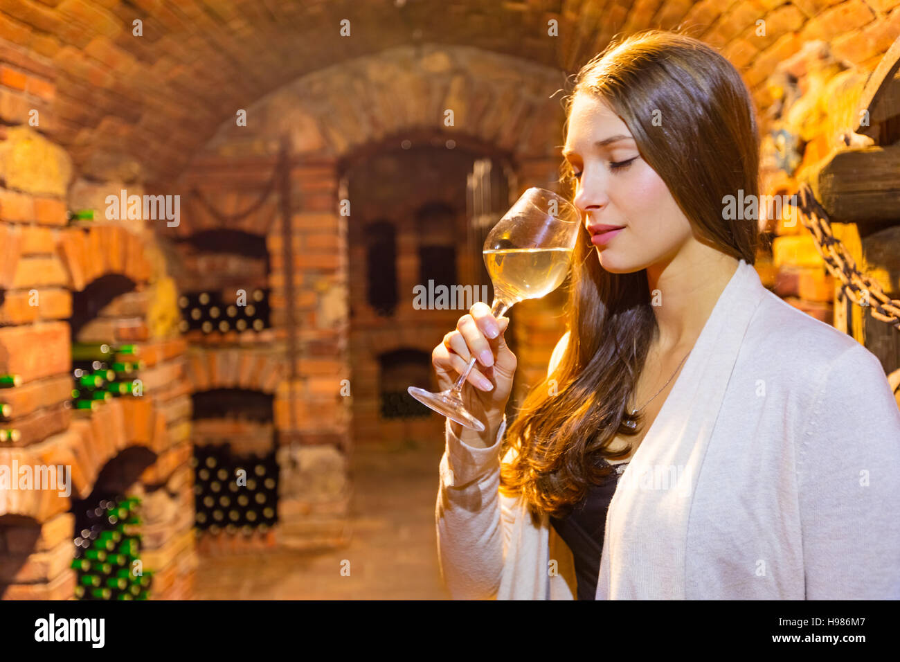 Young brunette woman sommelier degusting wine in wine cellar full of ... Young brunette woman sommelier degusting wine in wine cellar full of ...