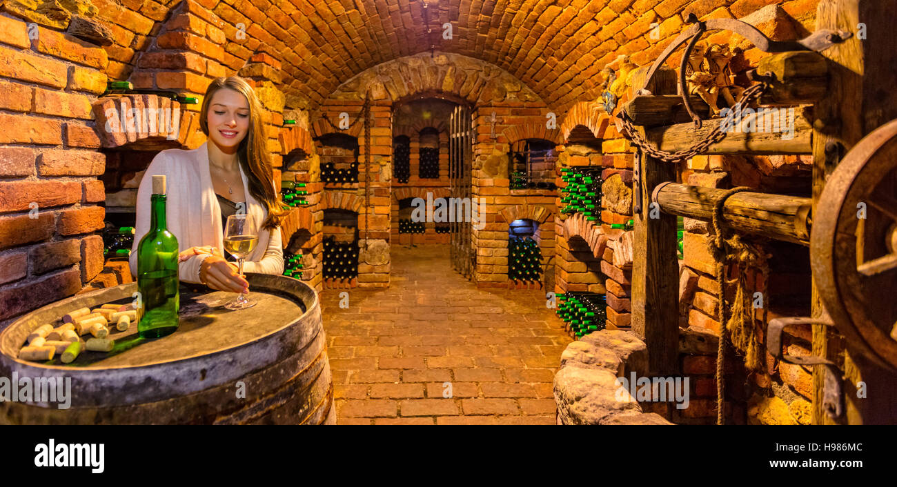 Young brunette woman sommelier degusting wine in wine cellar full of ... Young brunette woman sommelier degusting wine in wine cellar full of ...
