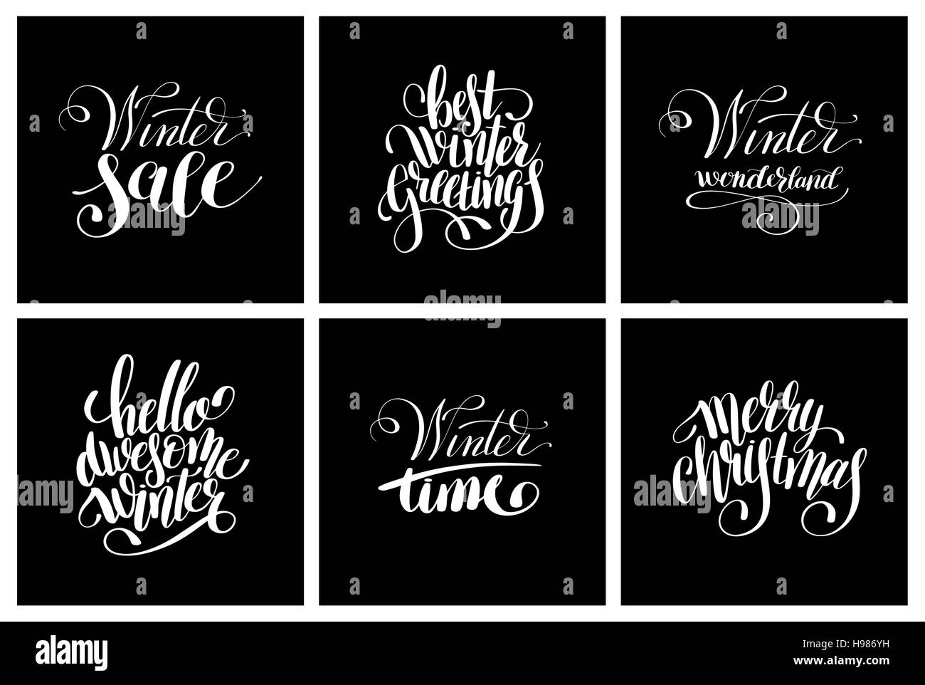 set of winter black and white handwritten lettering inscription Stock ...