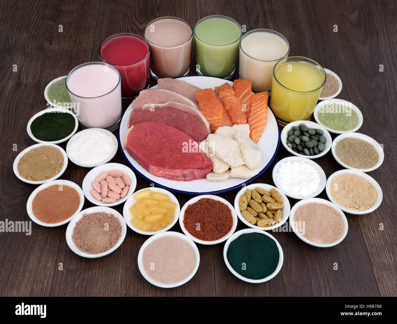 Super food and drinks for body builders with lean meat of steak ...