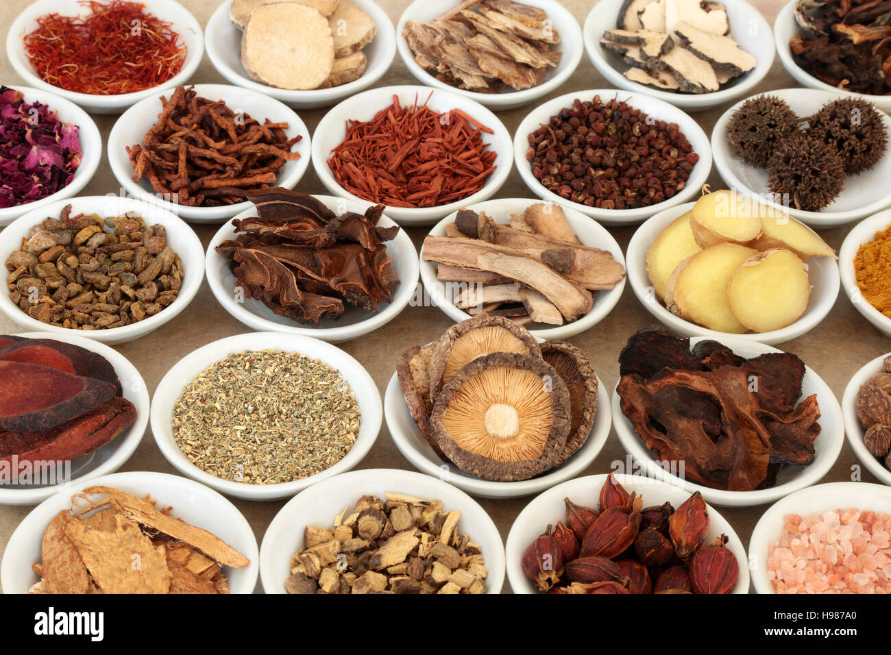 Chinese herbal medicine selection in white porcelain bowls Stock Photo ...
