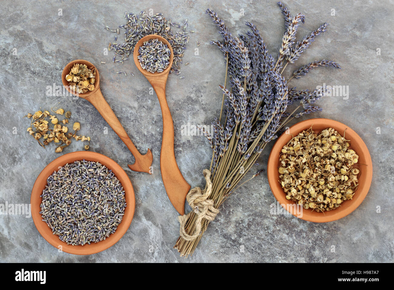 Lavender And Chamomile Herb Flowers Used In Herbal Medicine With