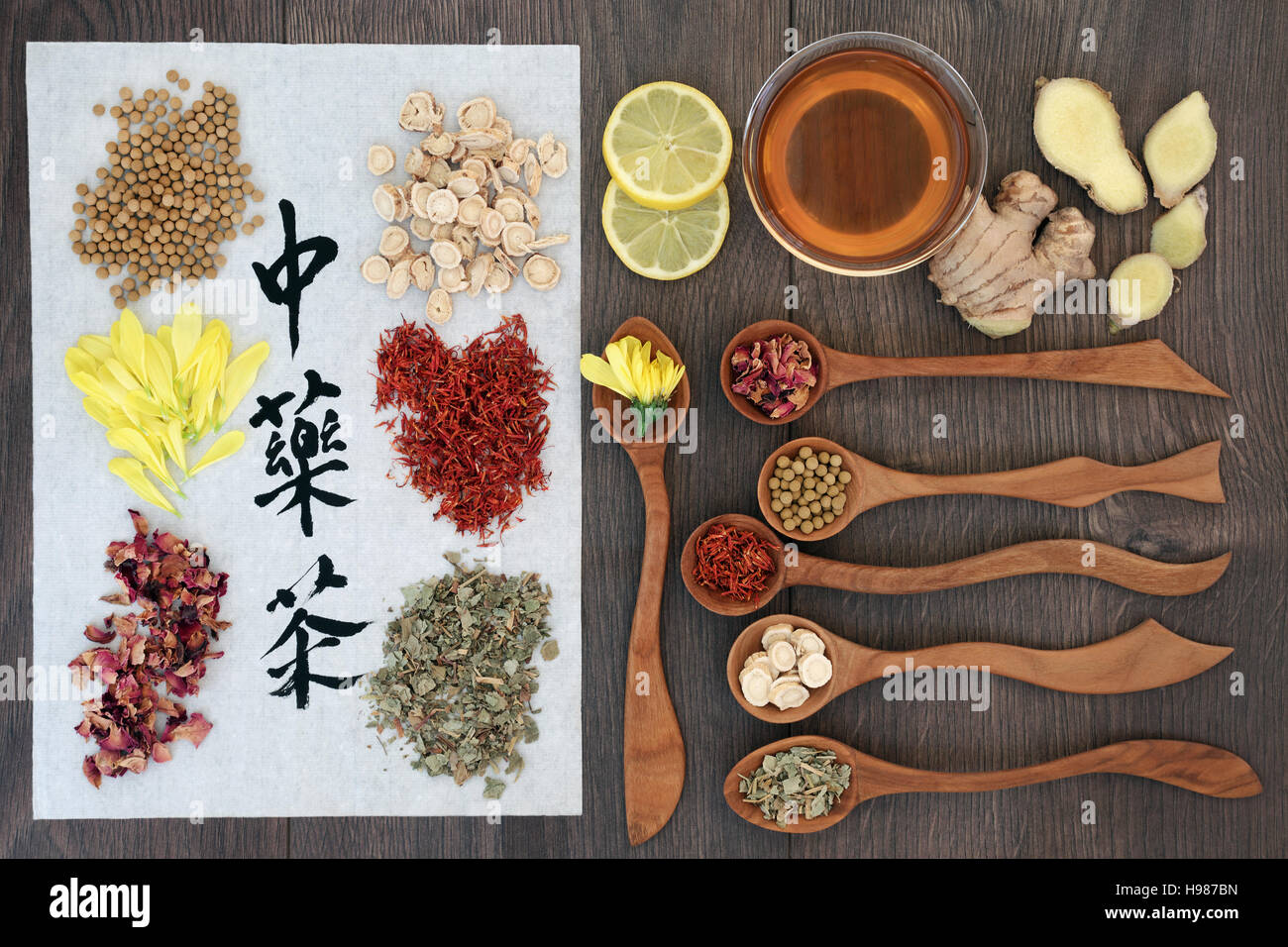 Chinese herbal tea collection with calligraphy on rice paper with tea ...
