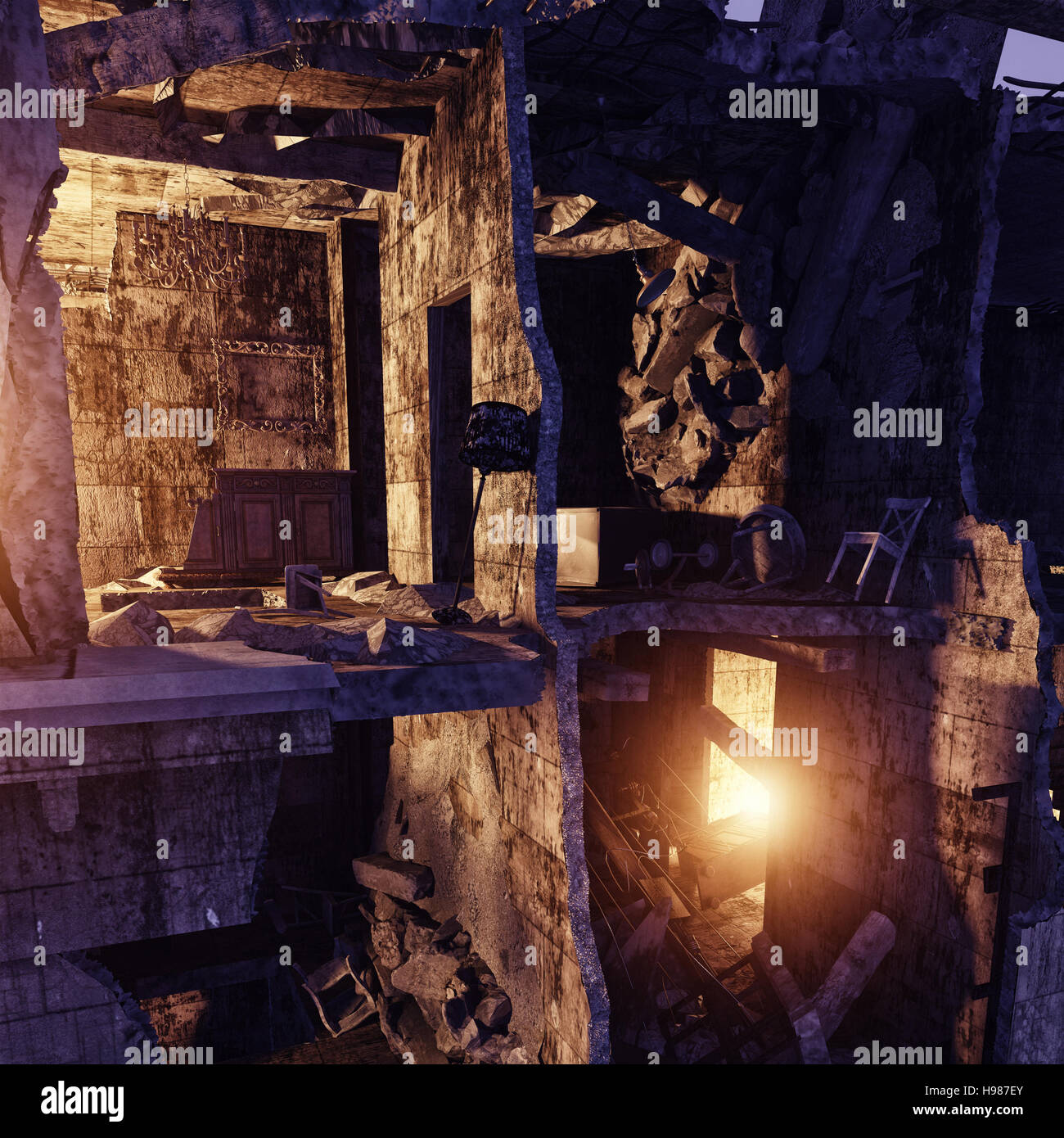 destroyed house at night. 3D concept Stock Photo - Alamy