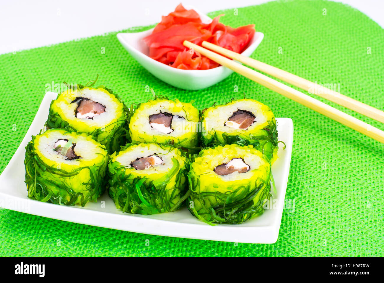 Sushi Roll with Chukoy, Salmon and Cheese. Studio Photo Stock Photo - Alamy
