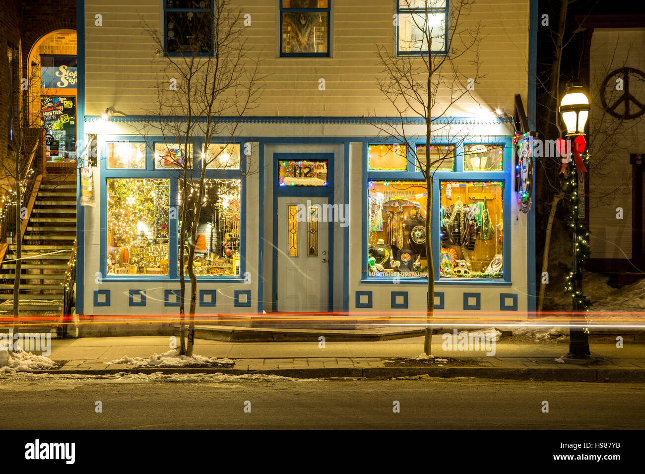 Storefront and light streaks, Main Street, Breckenridge, Colorado USA ...