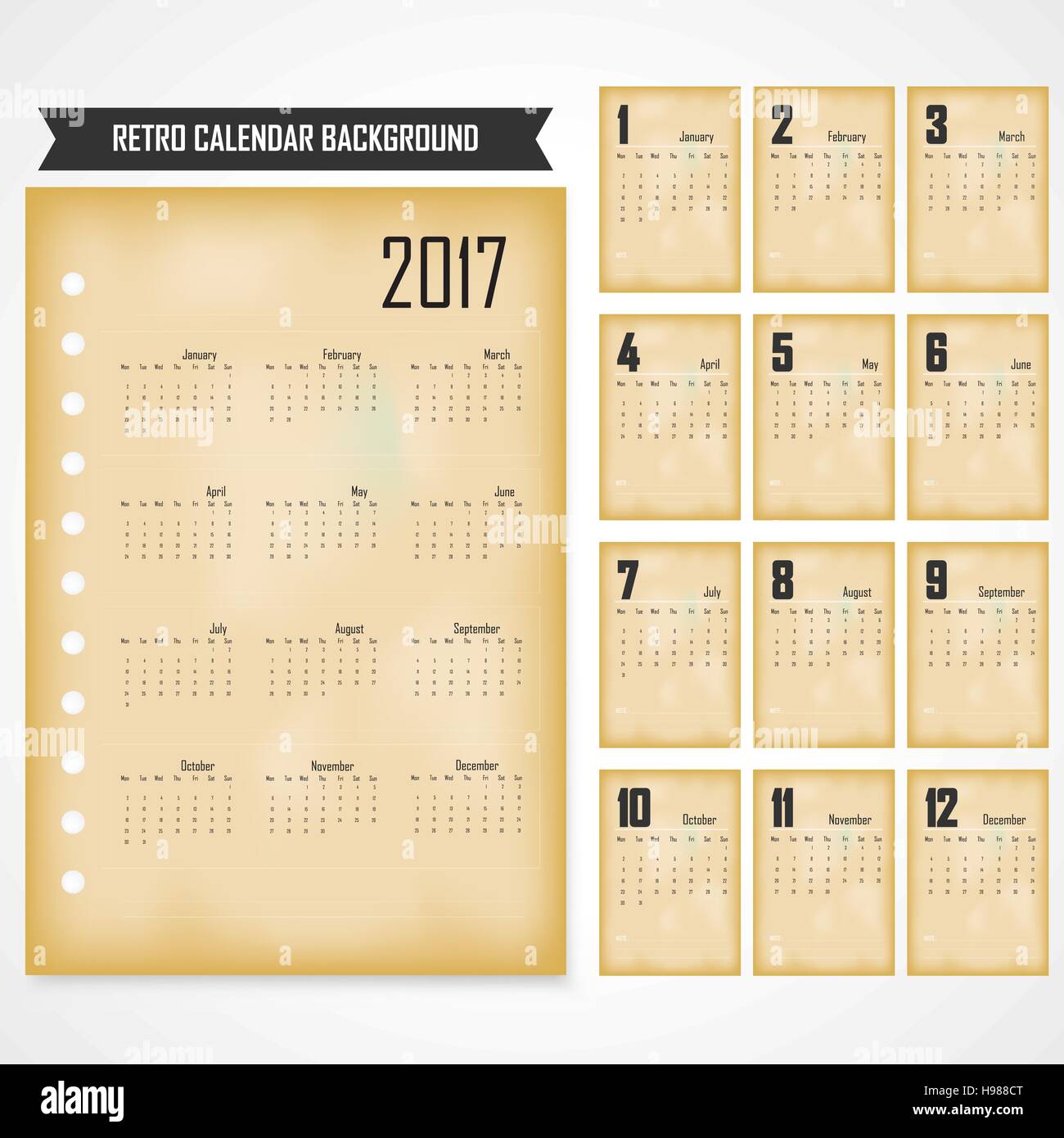 Calendar for 2017 on grey background.2017 calendar in the retro style ...