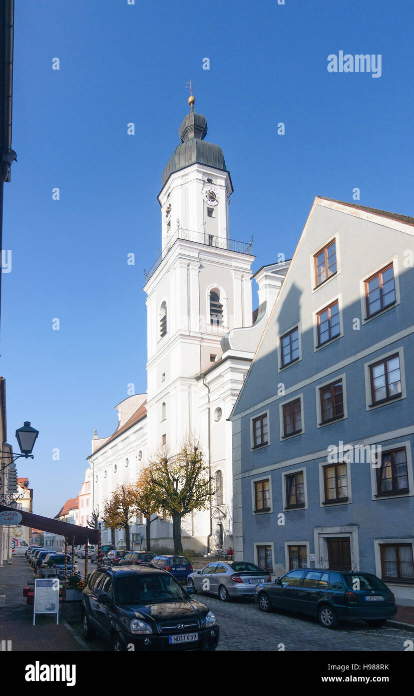 Neuburg an der Donau: street Amalienstraße with St. Peter's Church ...