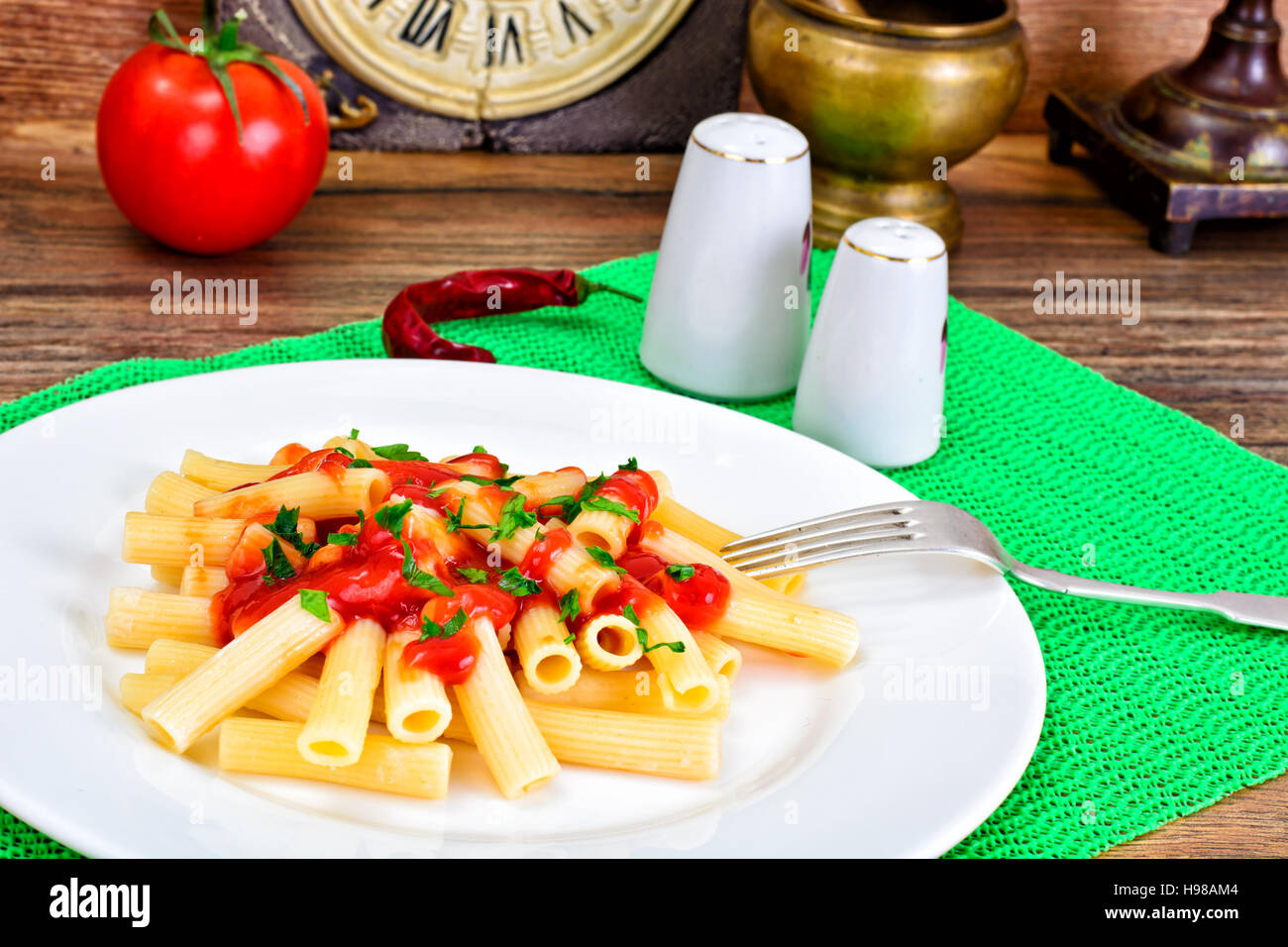 Pasta with Tomato Sauce Ketchup Studio Photo Stock Photo - Alamy
