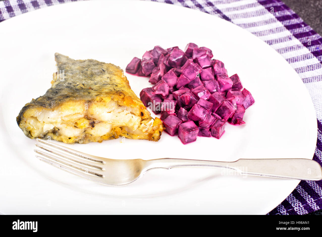 Fried Fish and Salad of Boiled Beets with Yogurt Studio Photo Stock ...