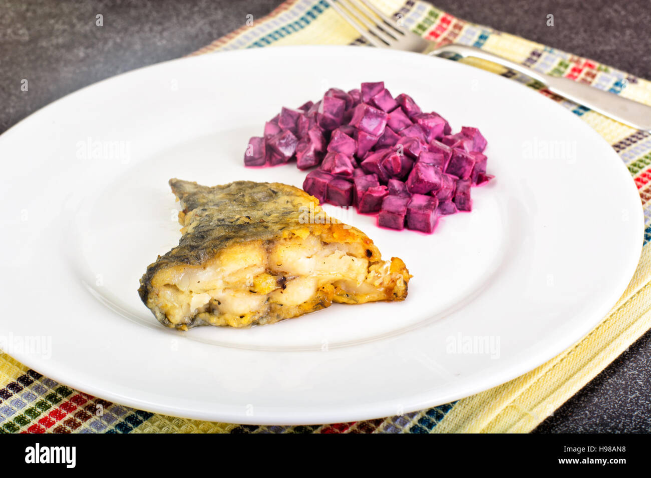 Fried Fish and Salad of Boiled Beets with Yogurt Studio Photo Stock ...