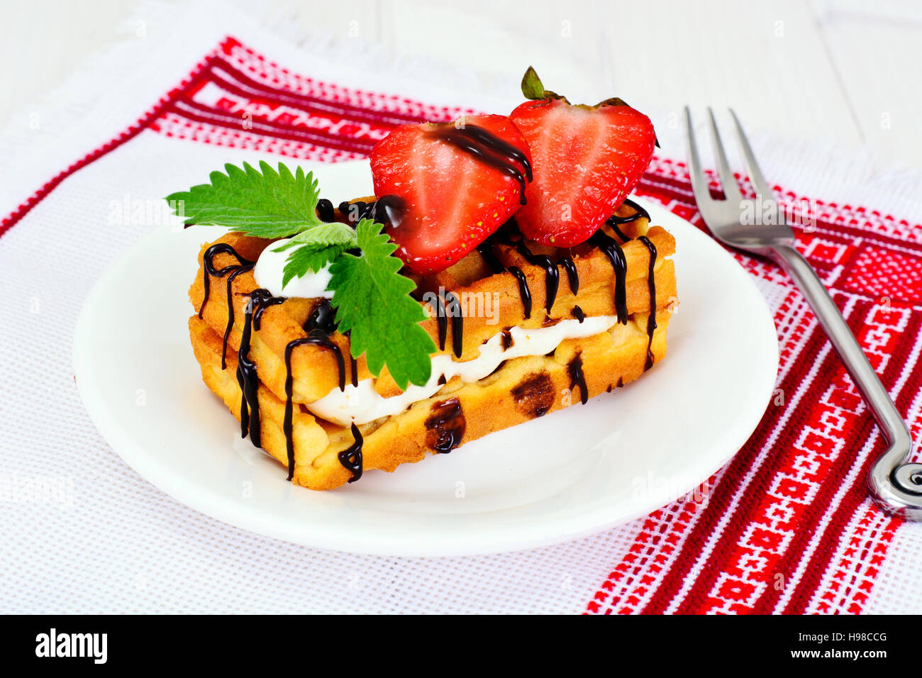 Vienna, Belgian Waffles with Strawberry and Mint Studio Photo Stock ...
