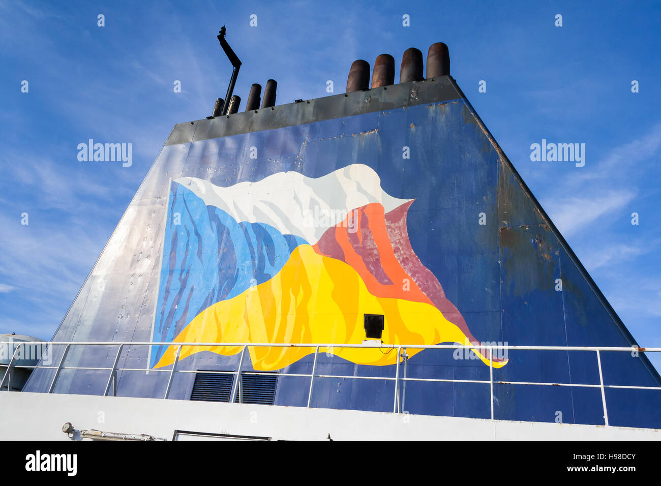 a ships funnel with blue sky in the background Stock Photo - Alamy
