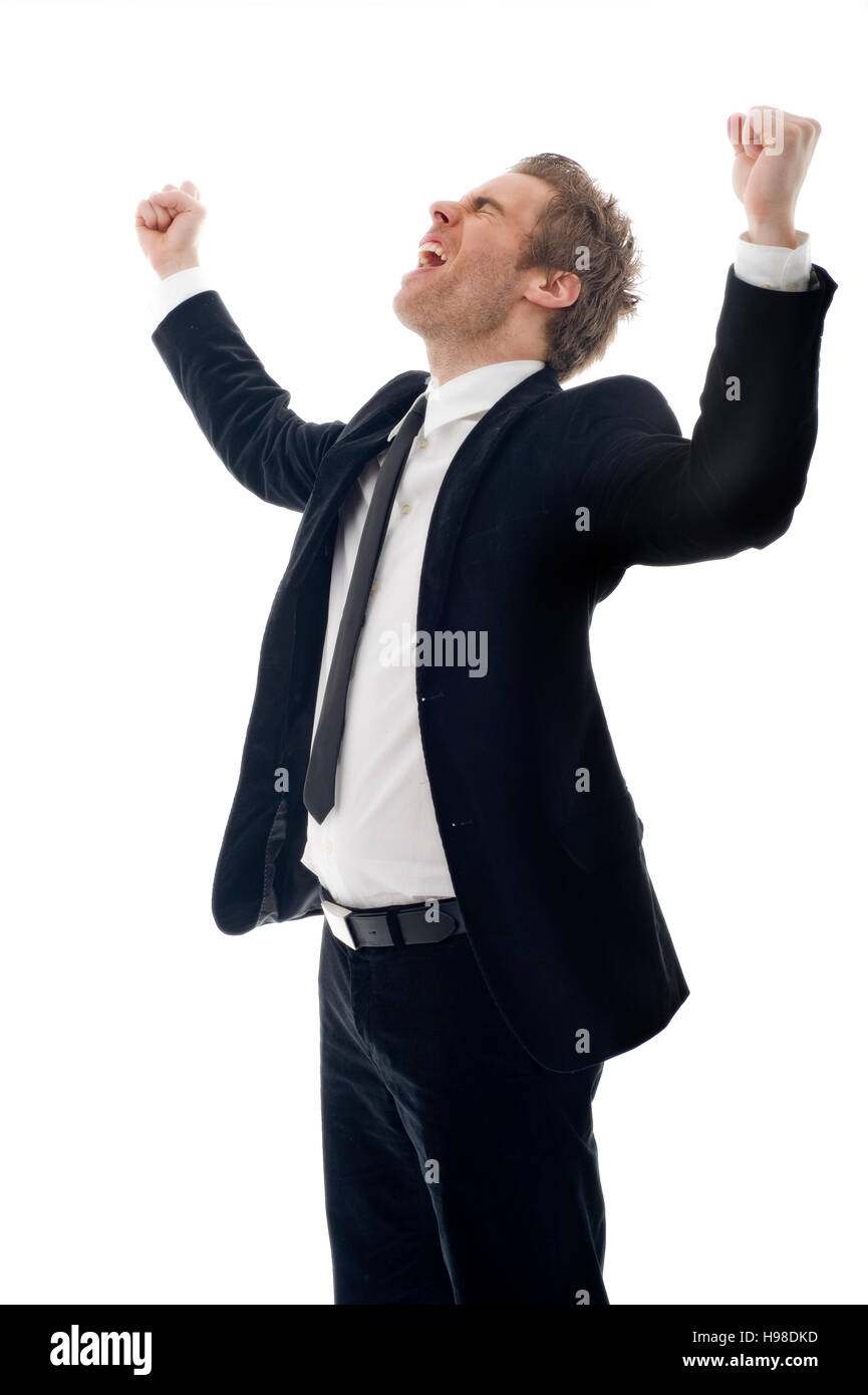 Businessman rejoices with upraised arms hi-res stock photography and ...