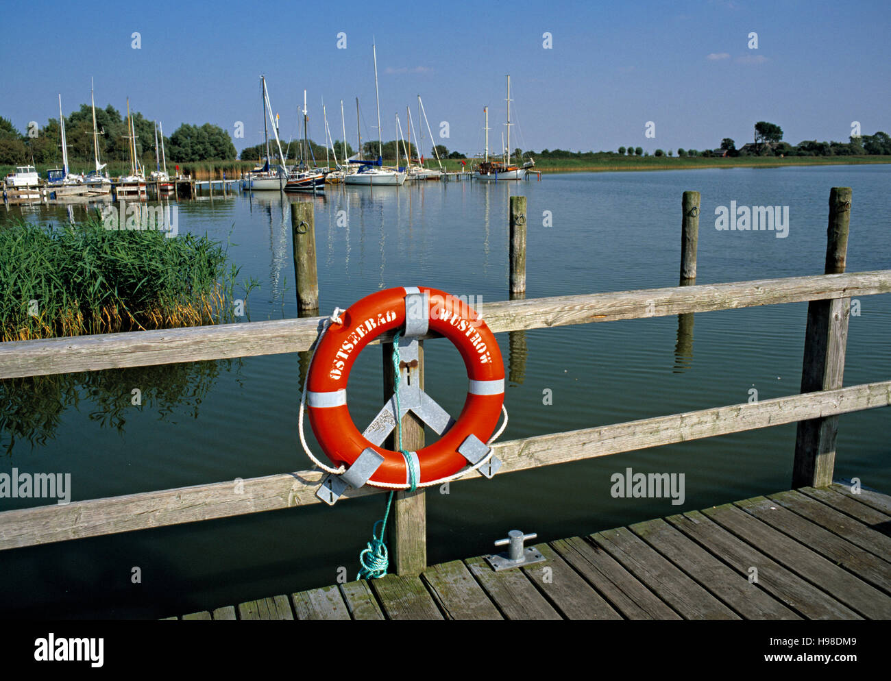 Wooden jetty and life saving ring, Wustrow, Fischland, Mecklenburg ...