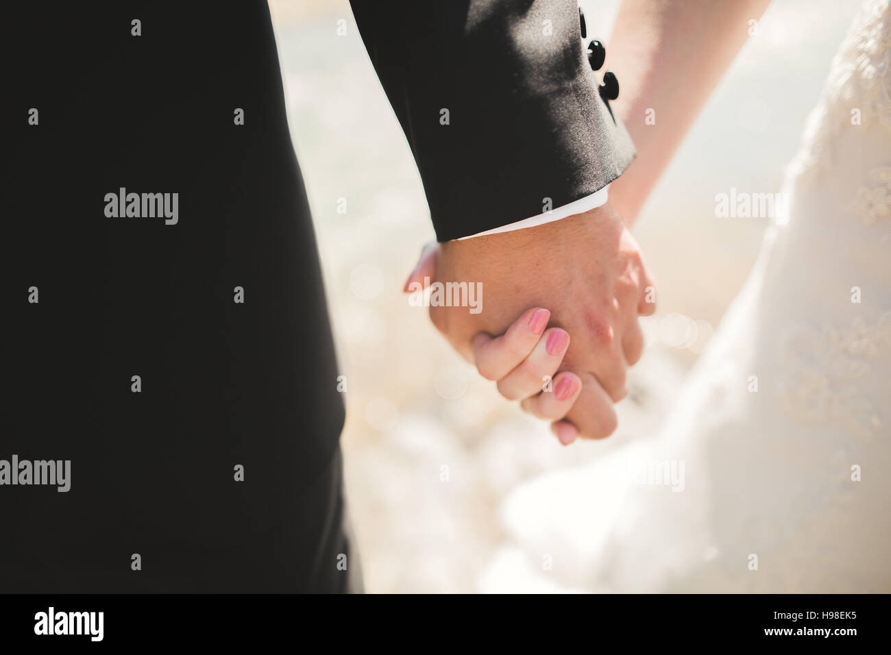Wedding couple bride and groom holding hands Stock Photo - Alamy
