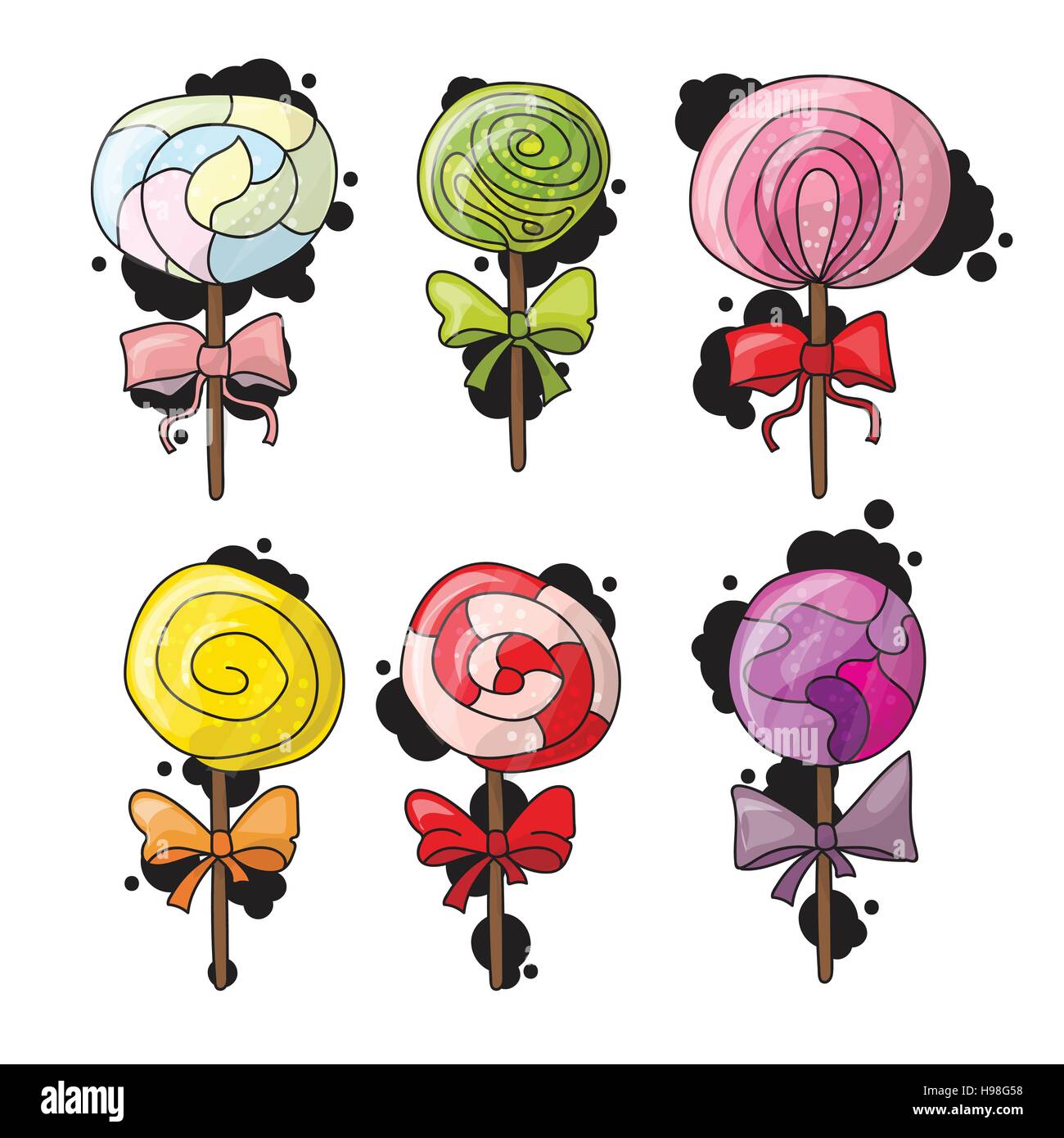 Set of colorful lollipops in hand drawn style. Collection of spiral ...