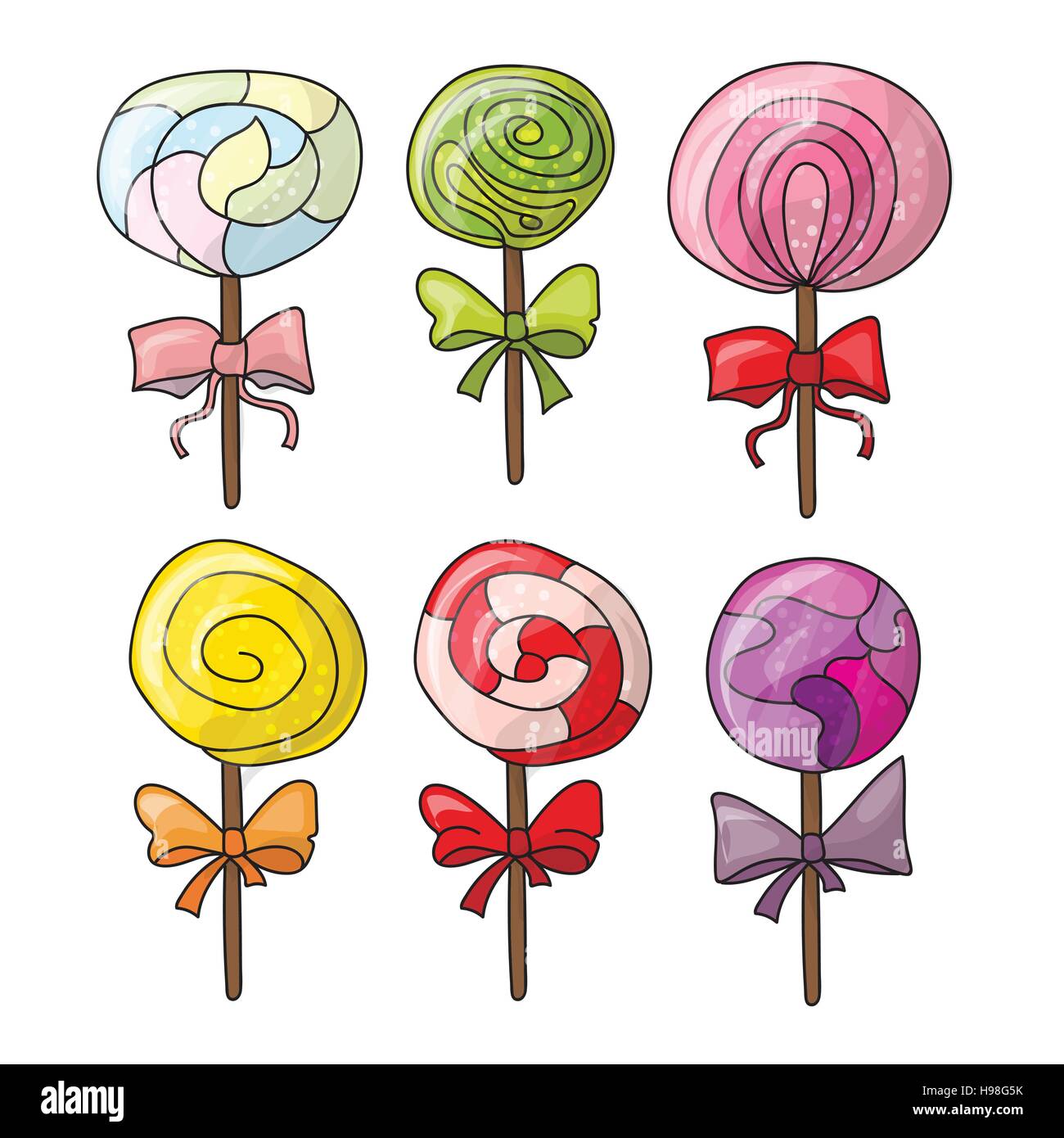 Set of colorful lollipops in hand drawn style. Collection of spiral ...