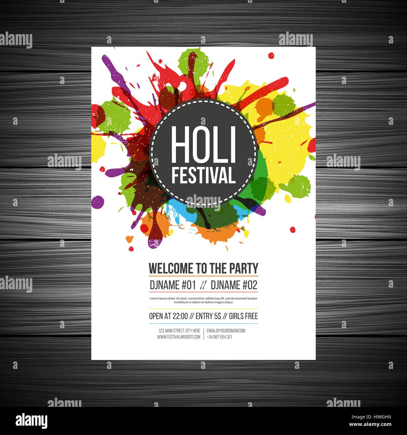 Colourful splashes Holi Festival poster with light wooden textures ...