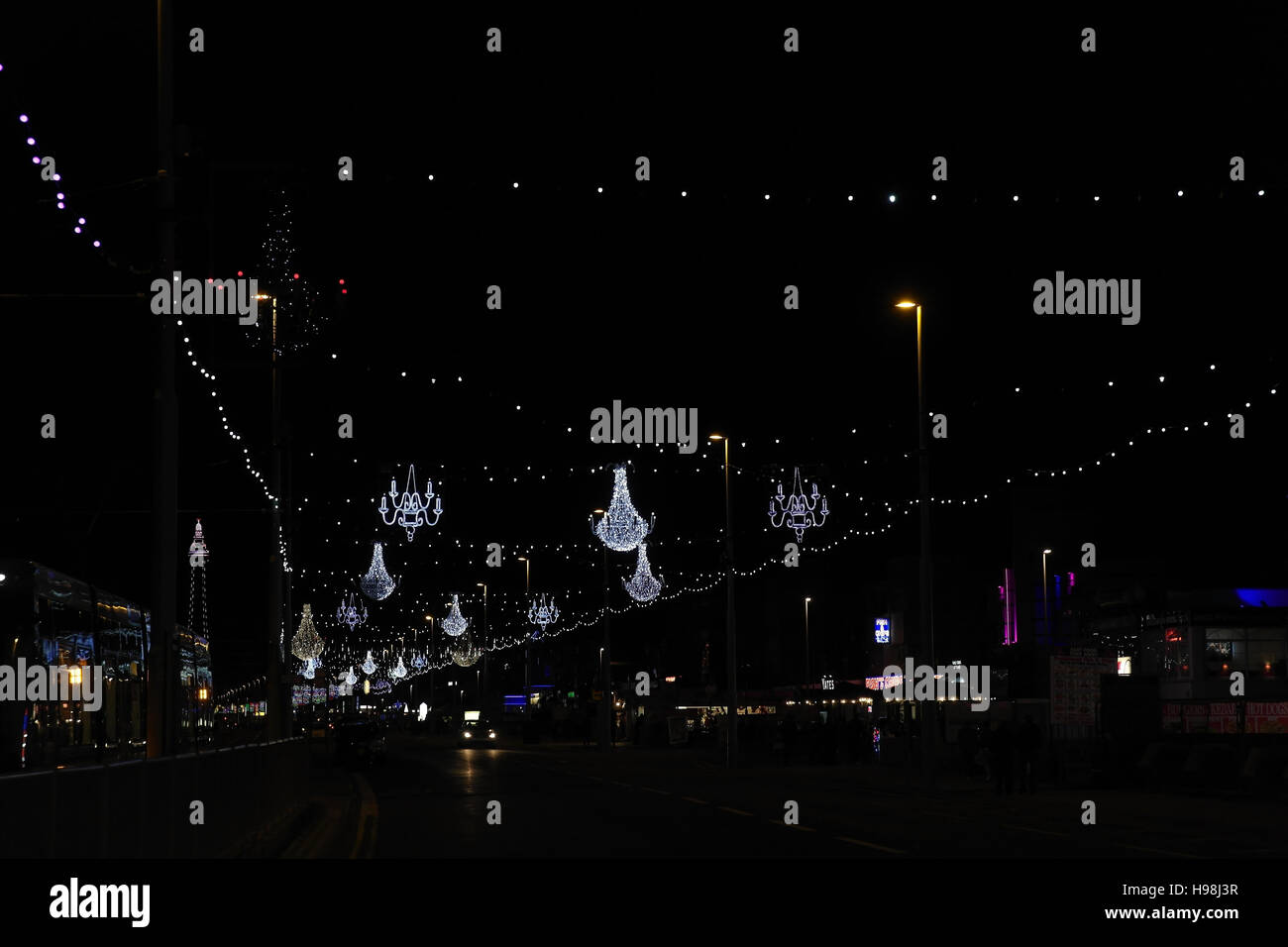 Night view, north to illuminated Blackpool Tower and Scrolls ...