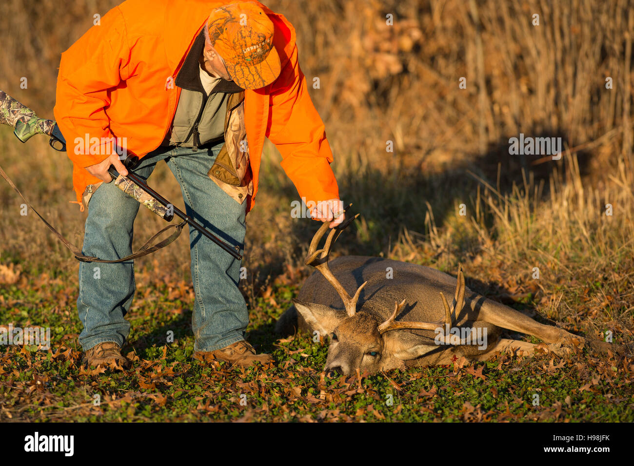 A deer hunter with a large Whitetail Buck Stock Photo - Alamy