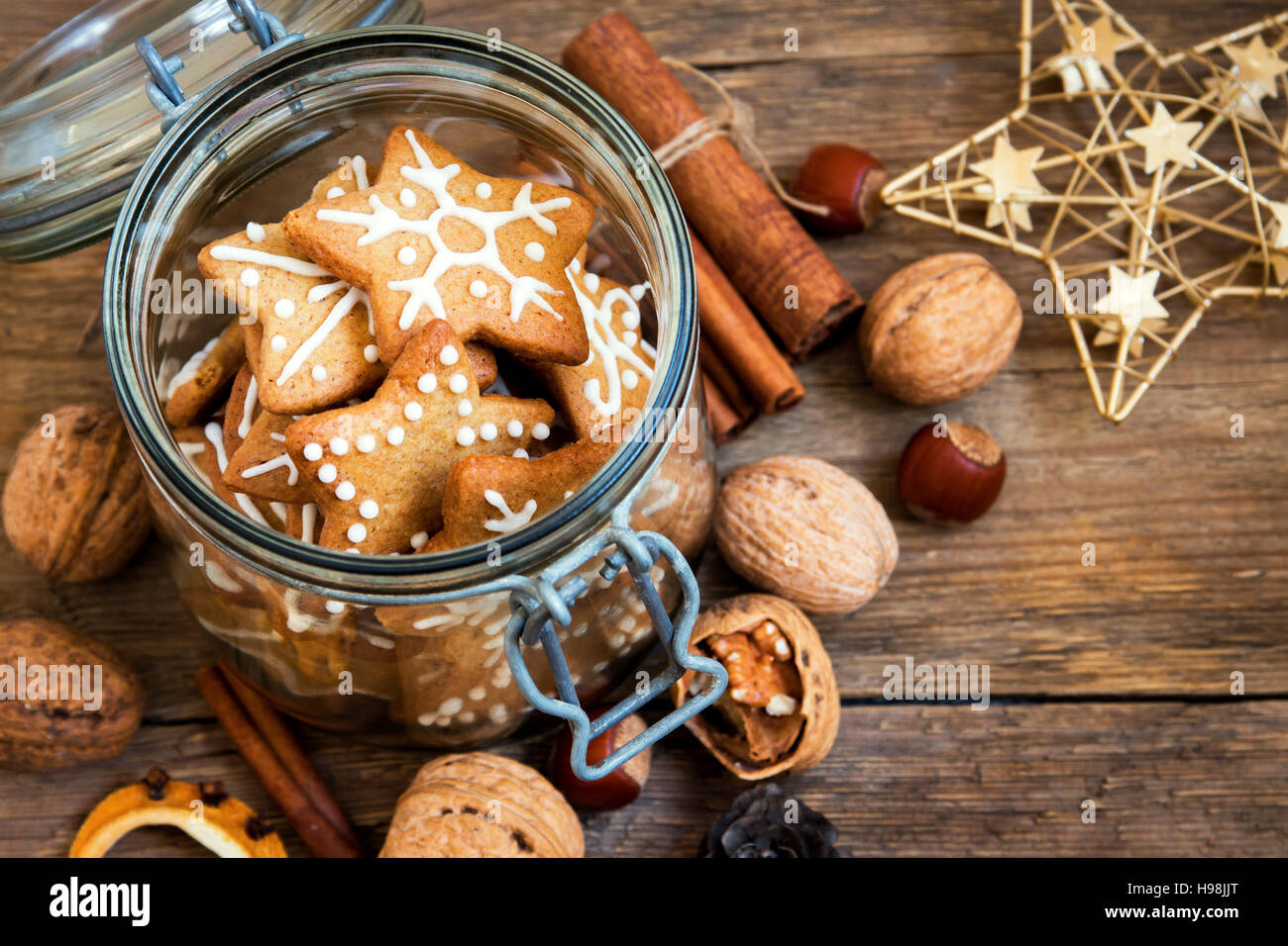Gingerbread Christmas cookies stars in the glass jar with Christmas ...