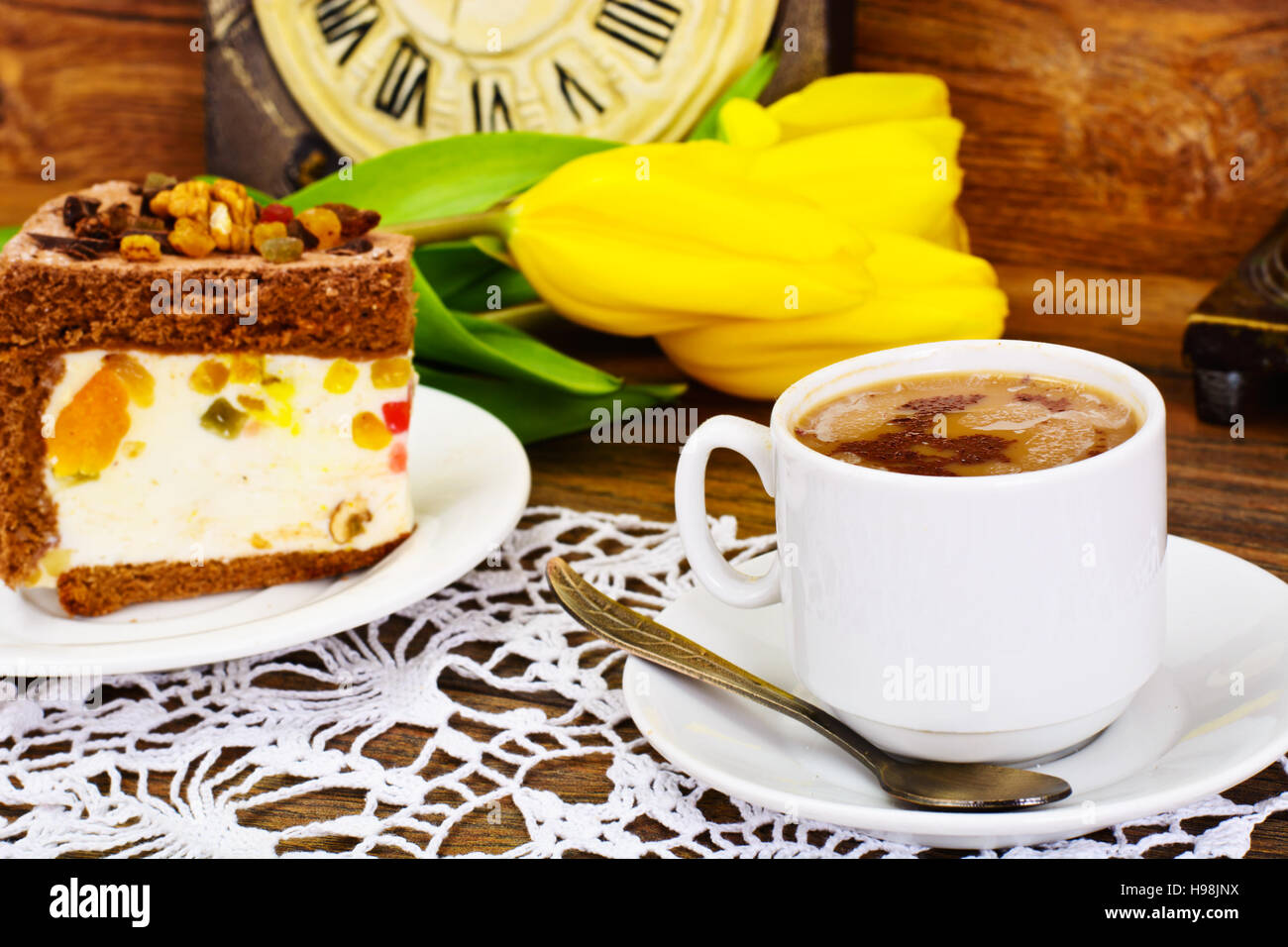 Cup of Coffee with Chocolate on Dark Background in Retro Vintage Style ...