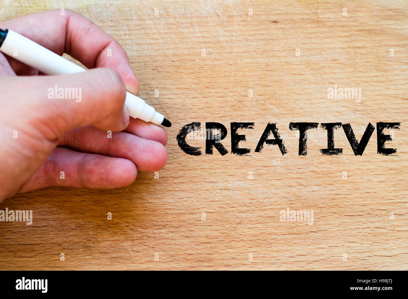 Human hand over wooden background and creative text concept Stock Photo ...