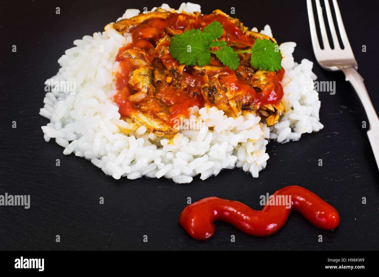 Rice with Canned Fish in Tomato Sauce Studio Photo Stock Photo - Alamy