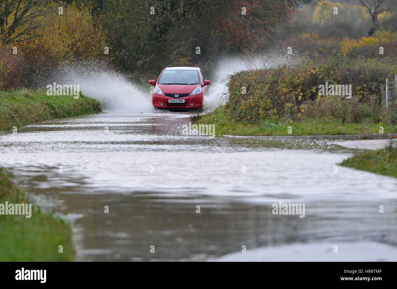 Selmeston, East Sussex. 20th November 2016. Flash flooding on roads ...