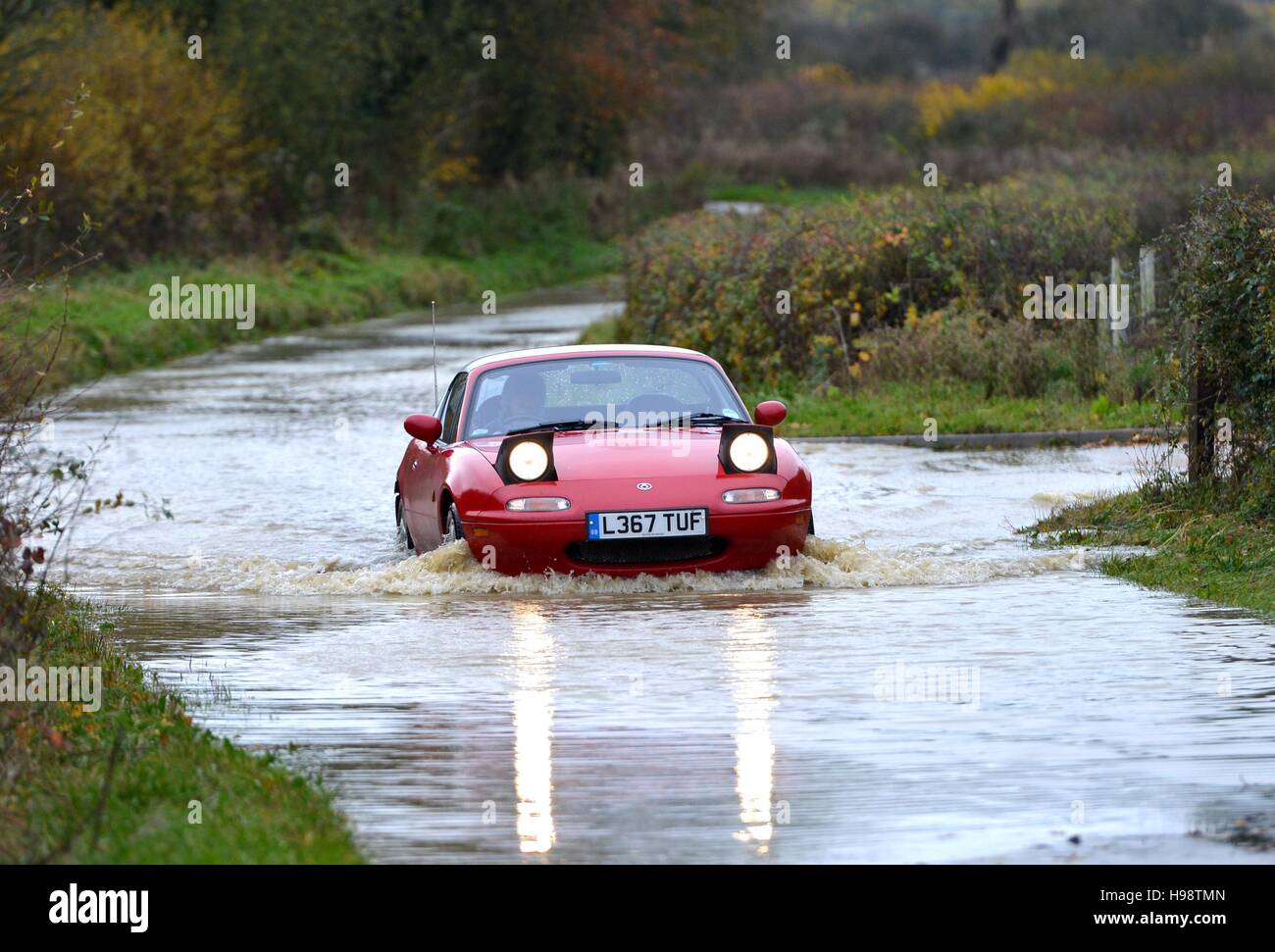 Selmeston, East Sussex. 20th November 2016. Flash flooding on roads ...