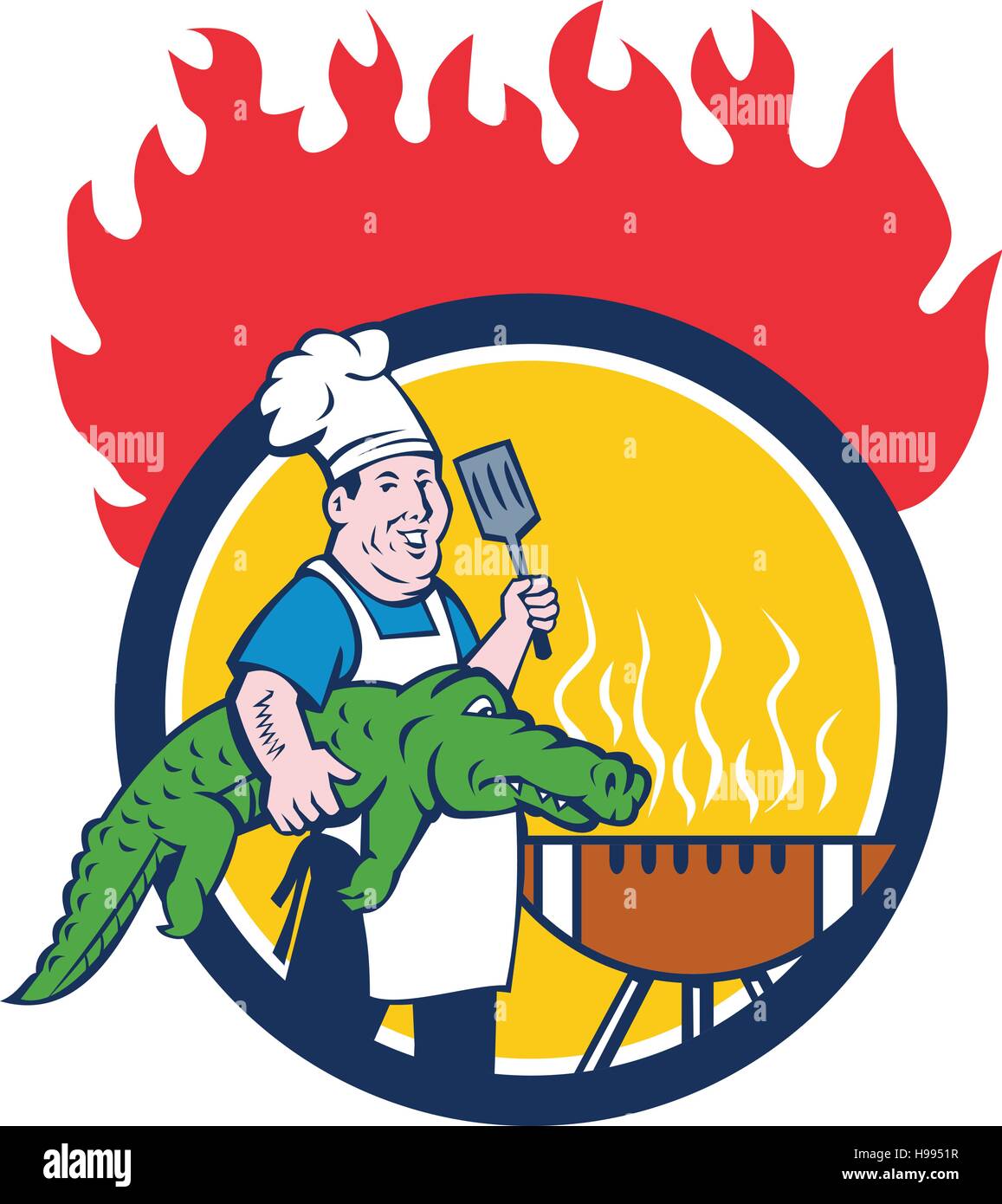 Illustration of a chef smiling carrying alligator in one hand and ...