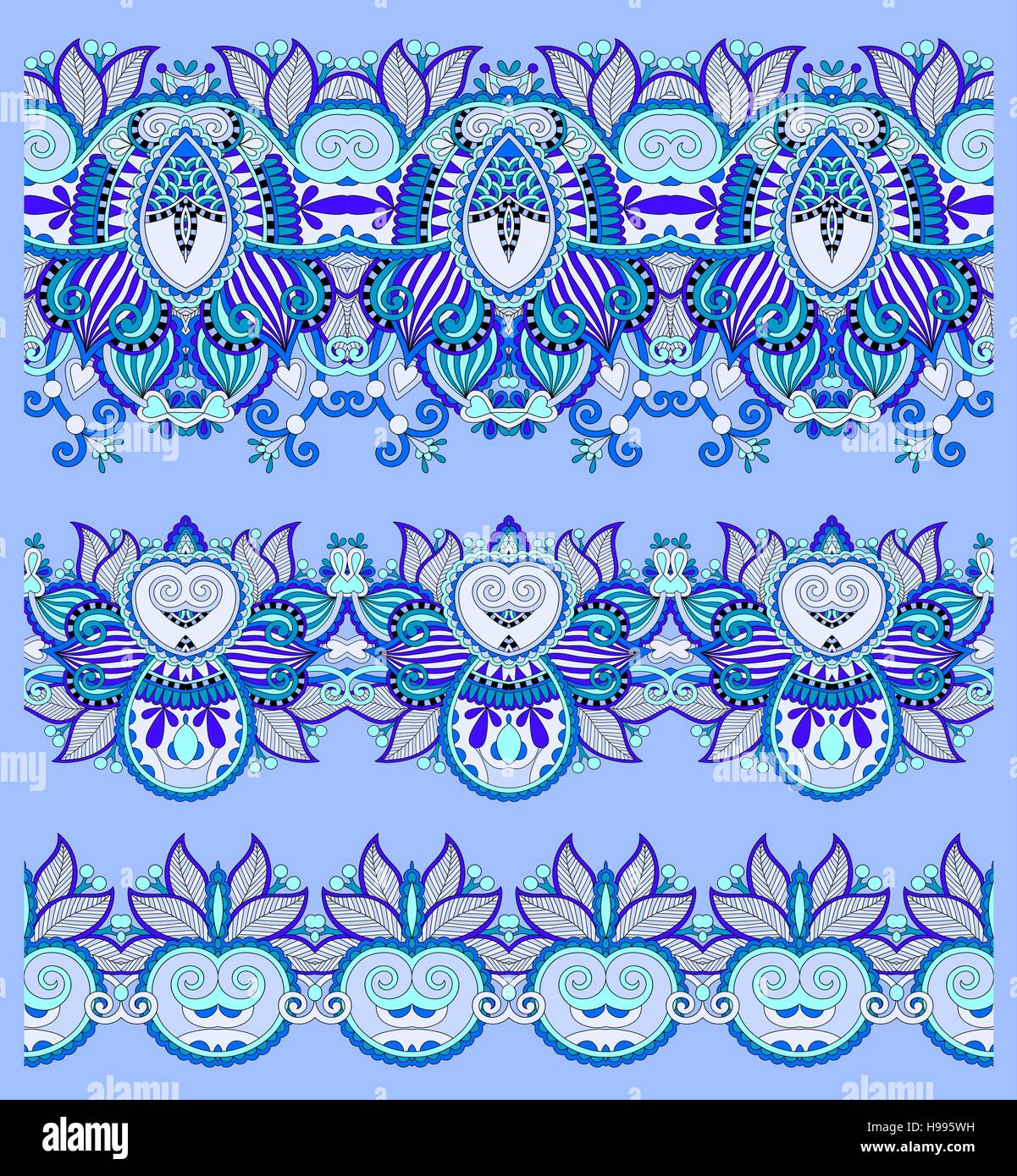 seamless ethnic blue paisley stripe pattern, border set Stock Vector ...