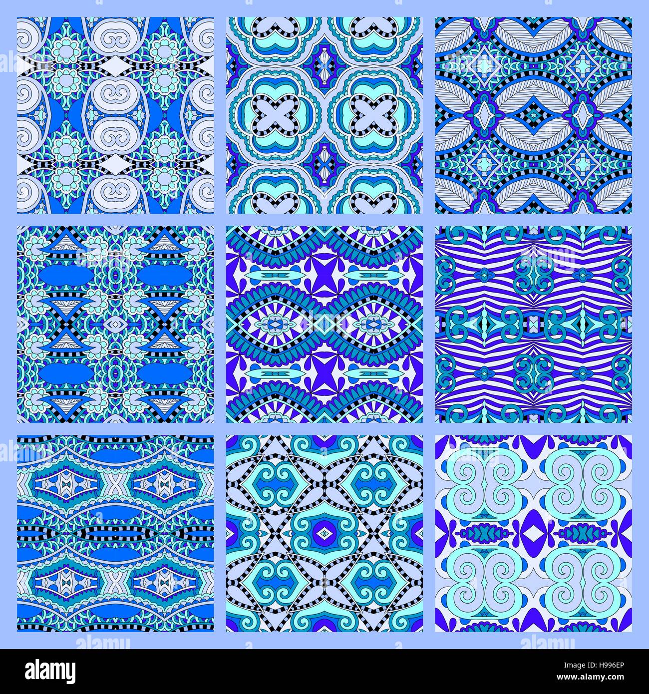 set of blue seamless colored vintage geometric pattern, texture Stock ...