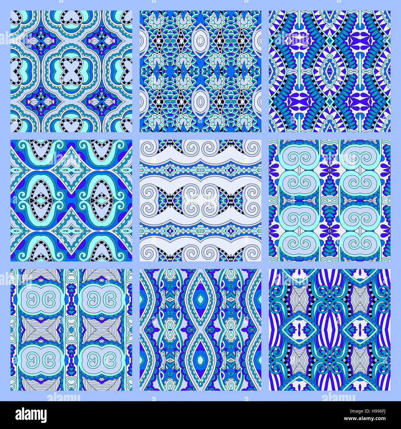 set of blue seamless colored vintage geometric pattern, texture Stock ...
