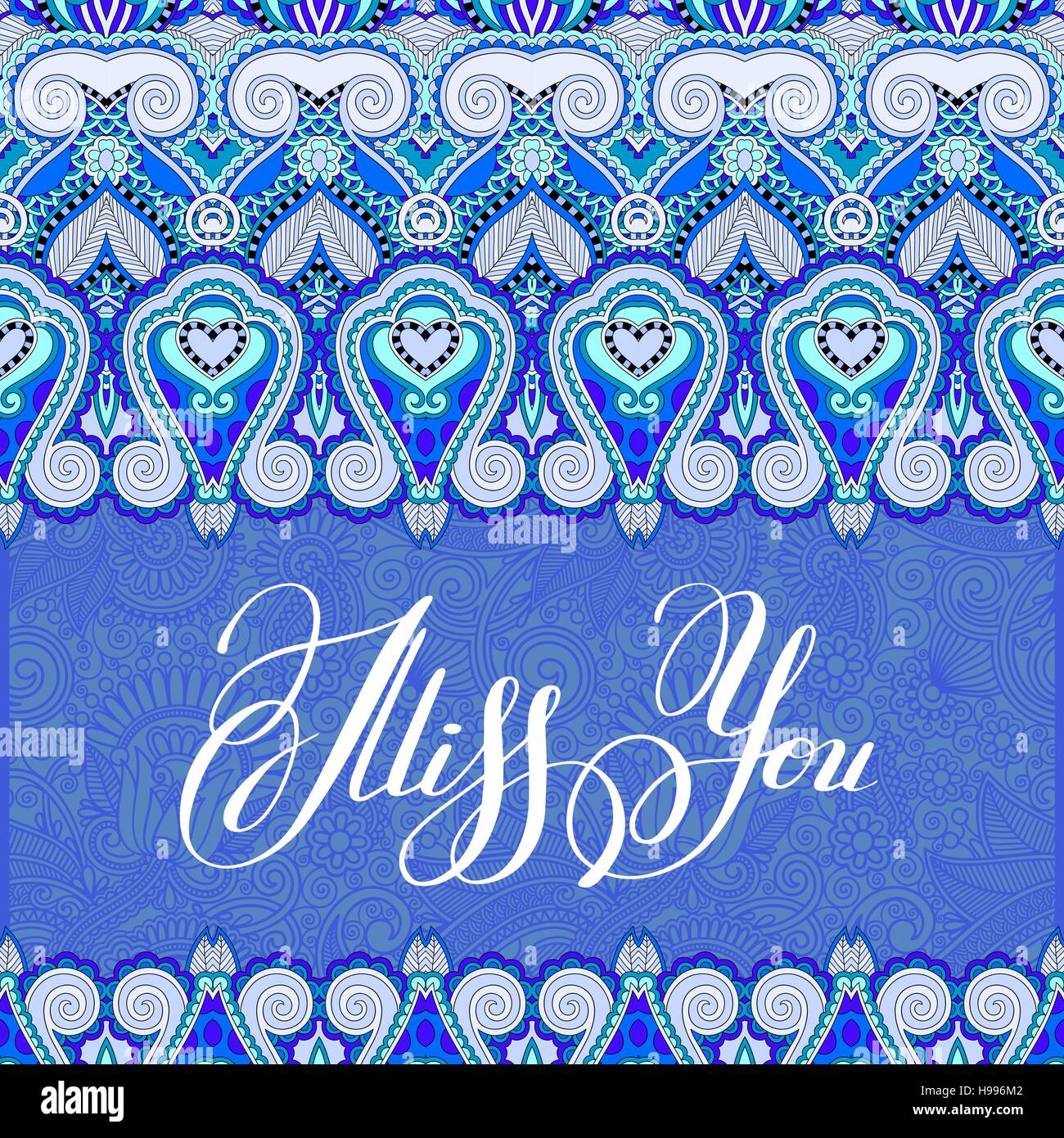 miss you inscription hand lettering on luxury floral paisley des Stock ...