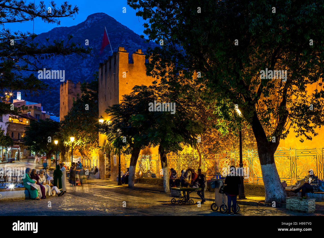 The Kasbah and Plaza Uta el-Hammam At Night, Chefchaouen, Morocco Stock ...