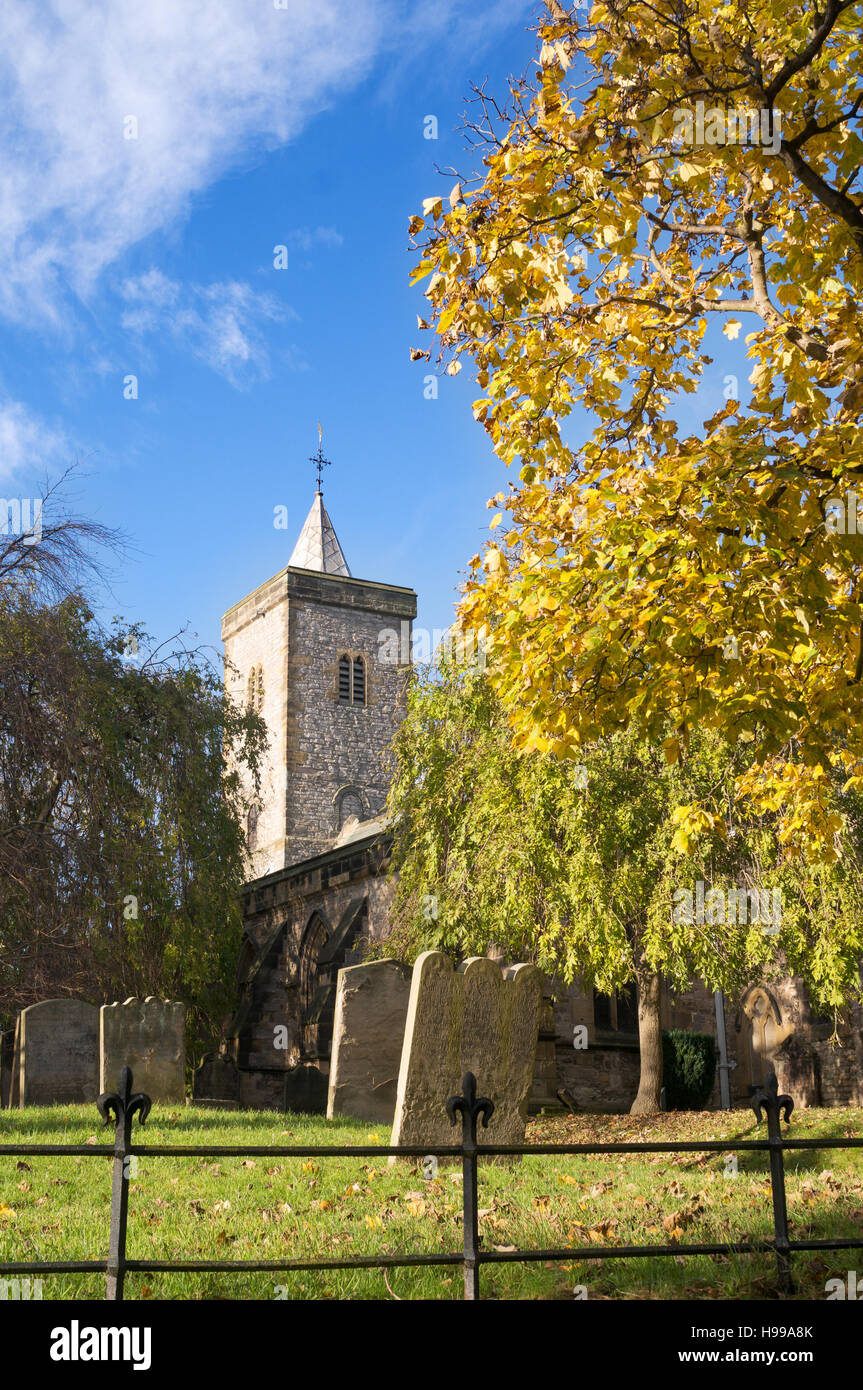 Whitburn Parish church in autumn, Whitburn Village, north east England ...