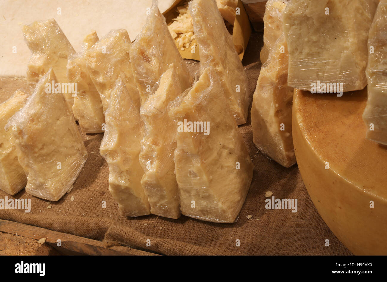 pieces of original Italian Parmesan on sale in the mountain dairy farm ...