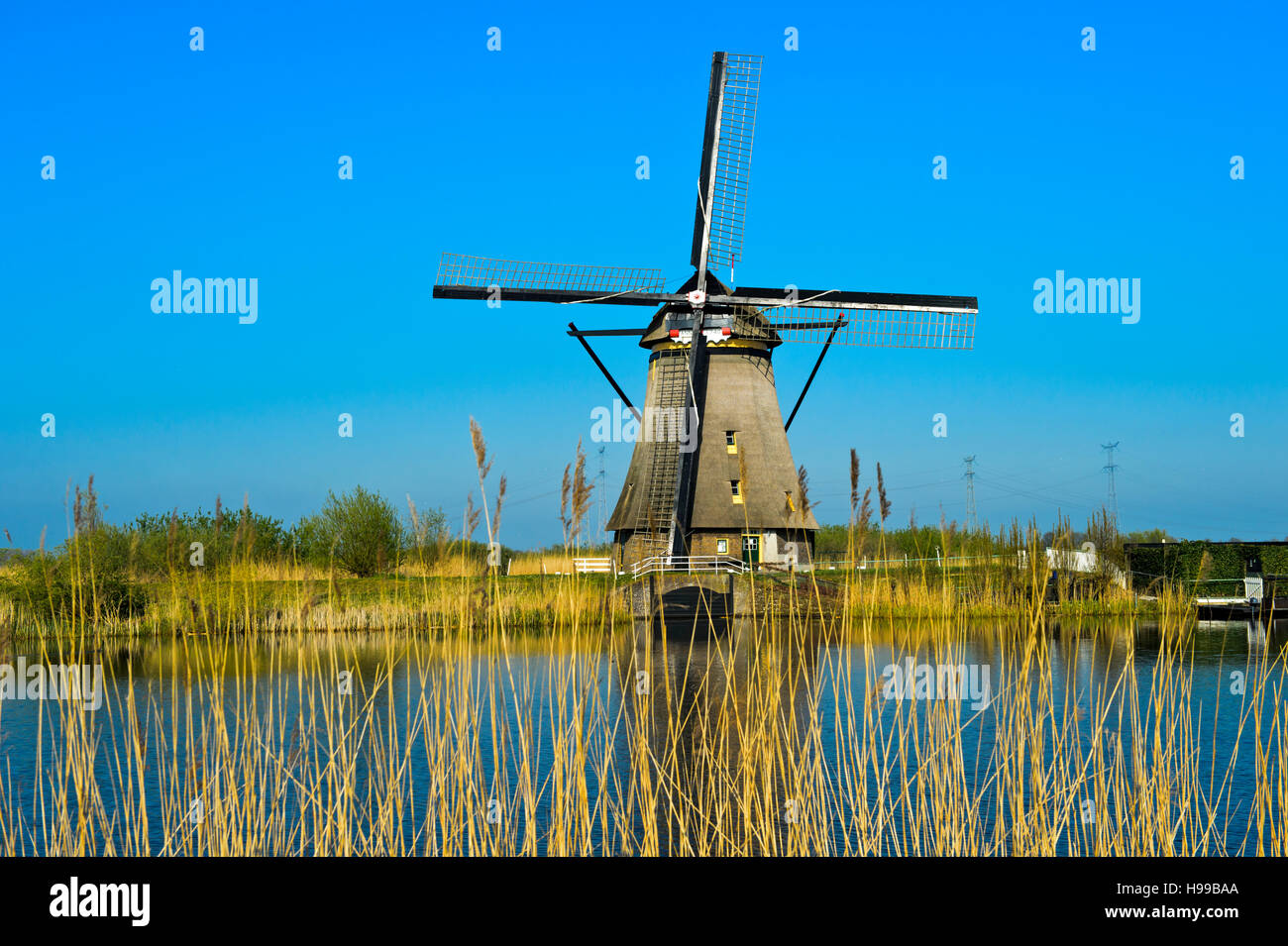 Dutch Windmill at a canal, Kinderdijk, Alblasserwaard polder, South ...