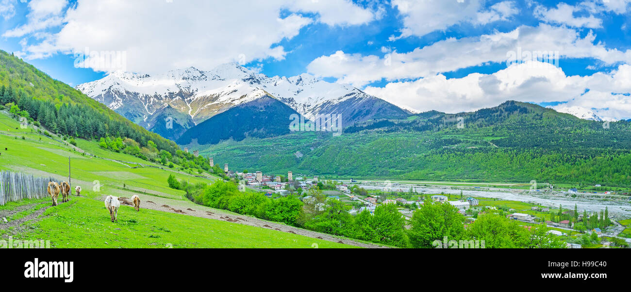 Panorama of Mestia, the townlet located in valley with the farm lands ...