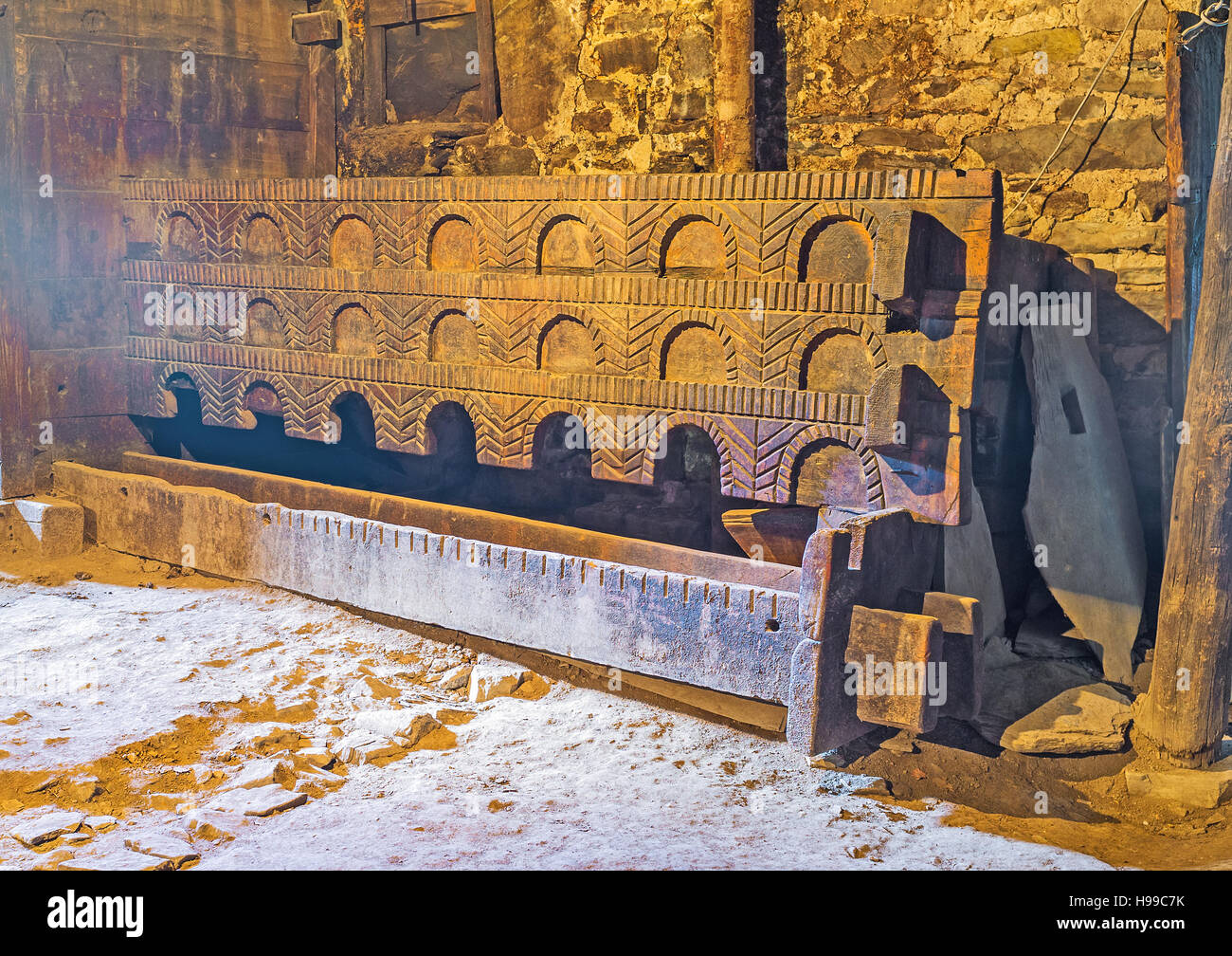 The medieval wooden pen in traditional Svan house for sheep or goats ...