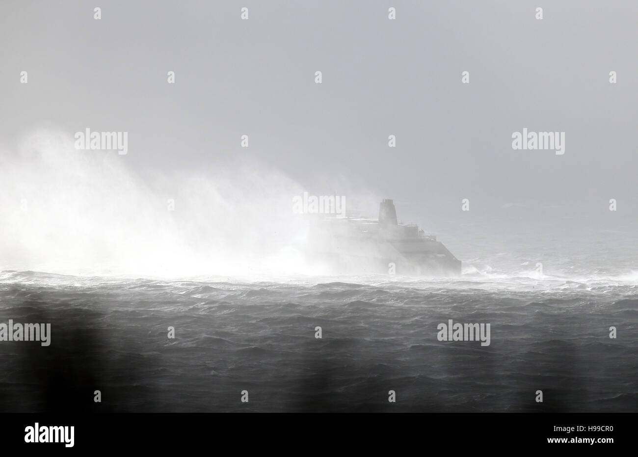 Waves crash into a ferry in the Channel off the coast of Dover, as ...
