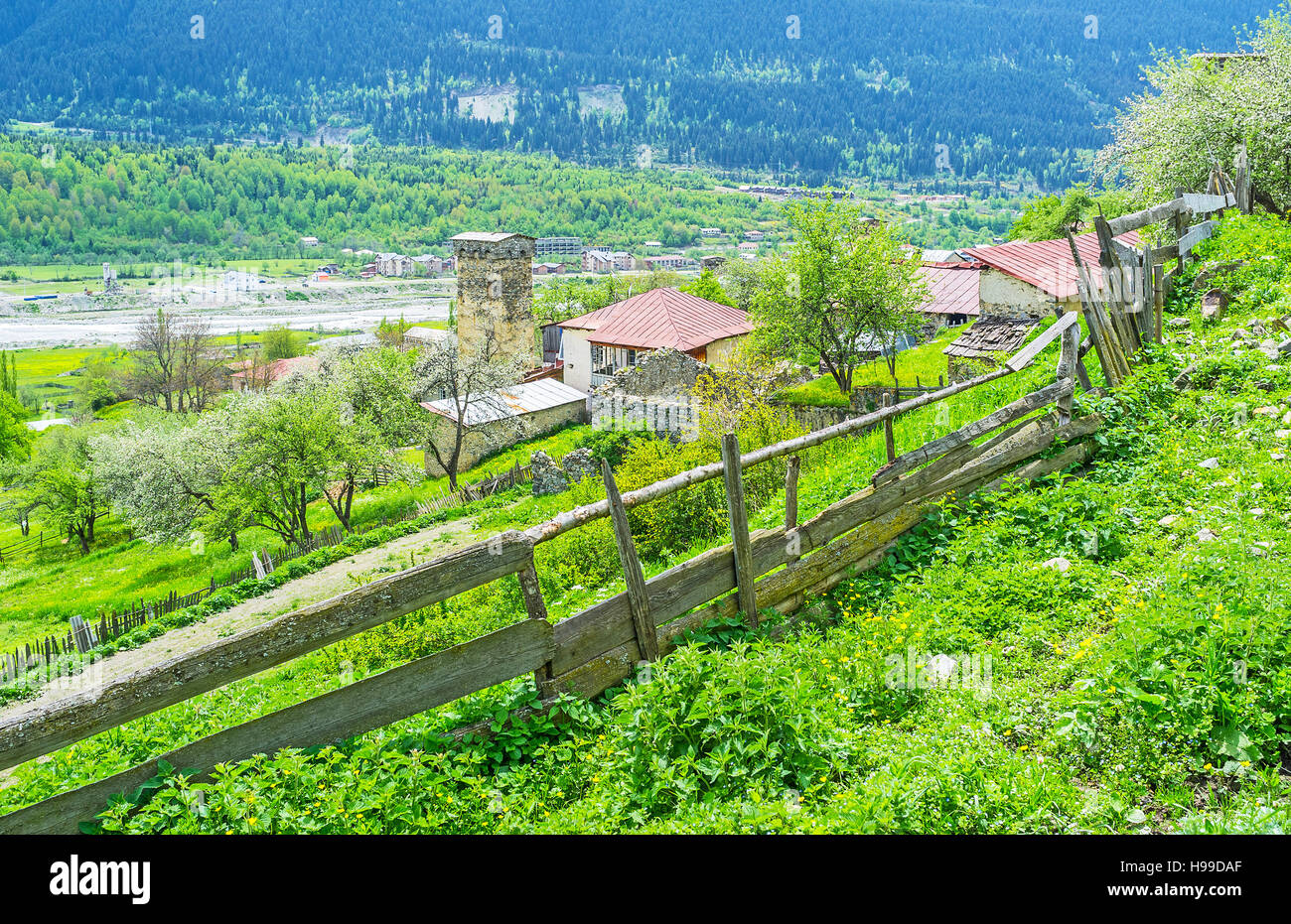 The rustic view with the old Svan tower in the green valley, Mestia ...