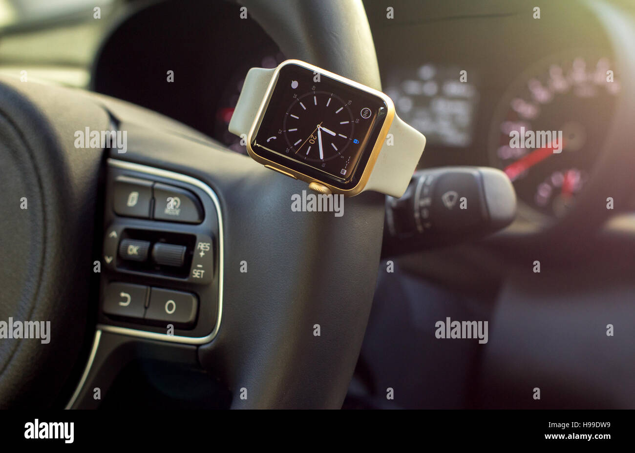 Modern car interior with smart watch on gear stick Stock Photo - Alamy