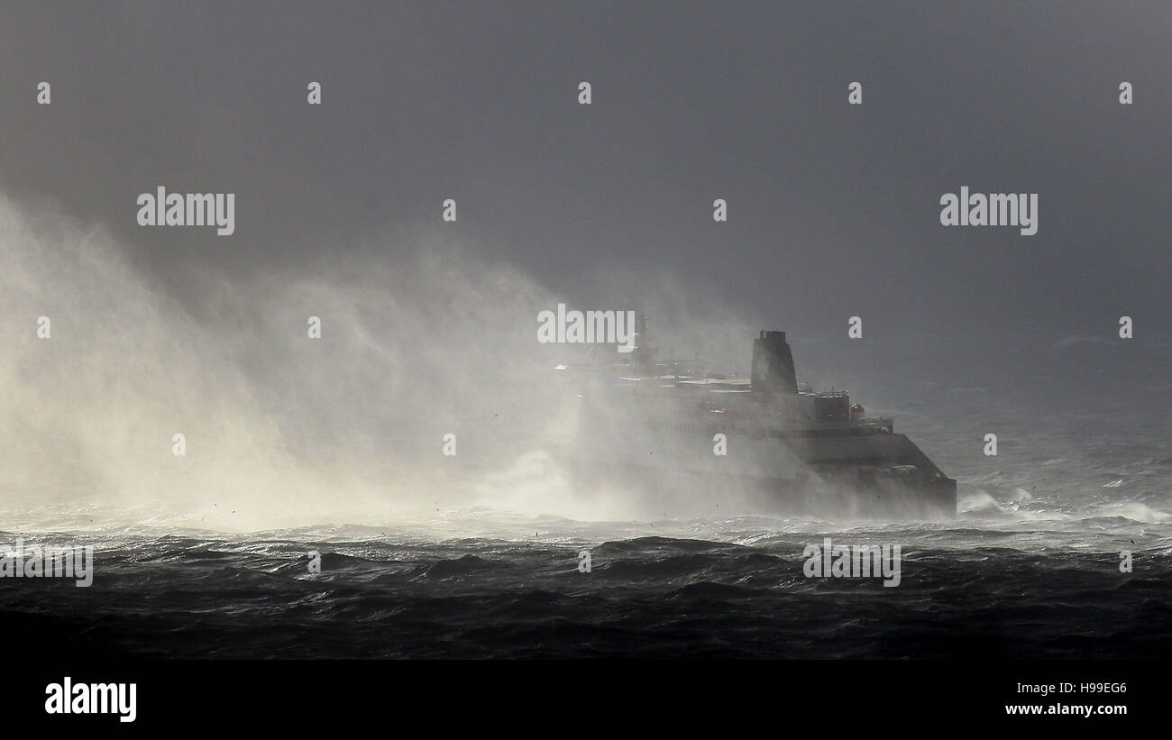 A DFDS ferry heads for the Port of Dover in Dover, Kent, as Storm Angus ...