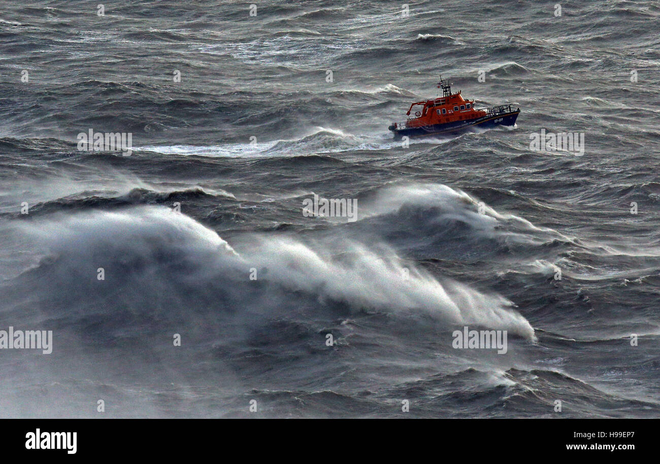 The Dover Lifeboat heads out of Dover Harbour in Kent, as Storm Angus ...