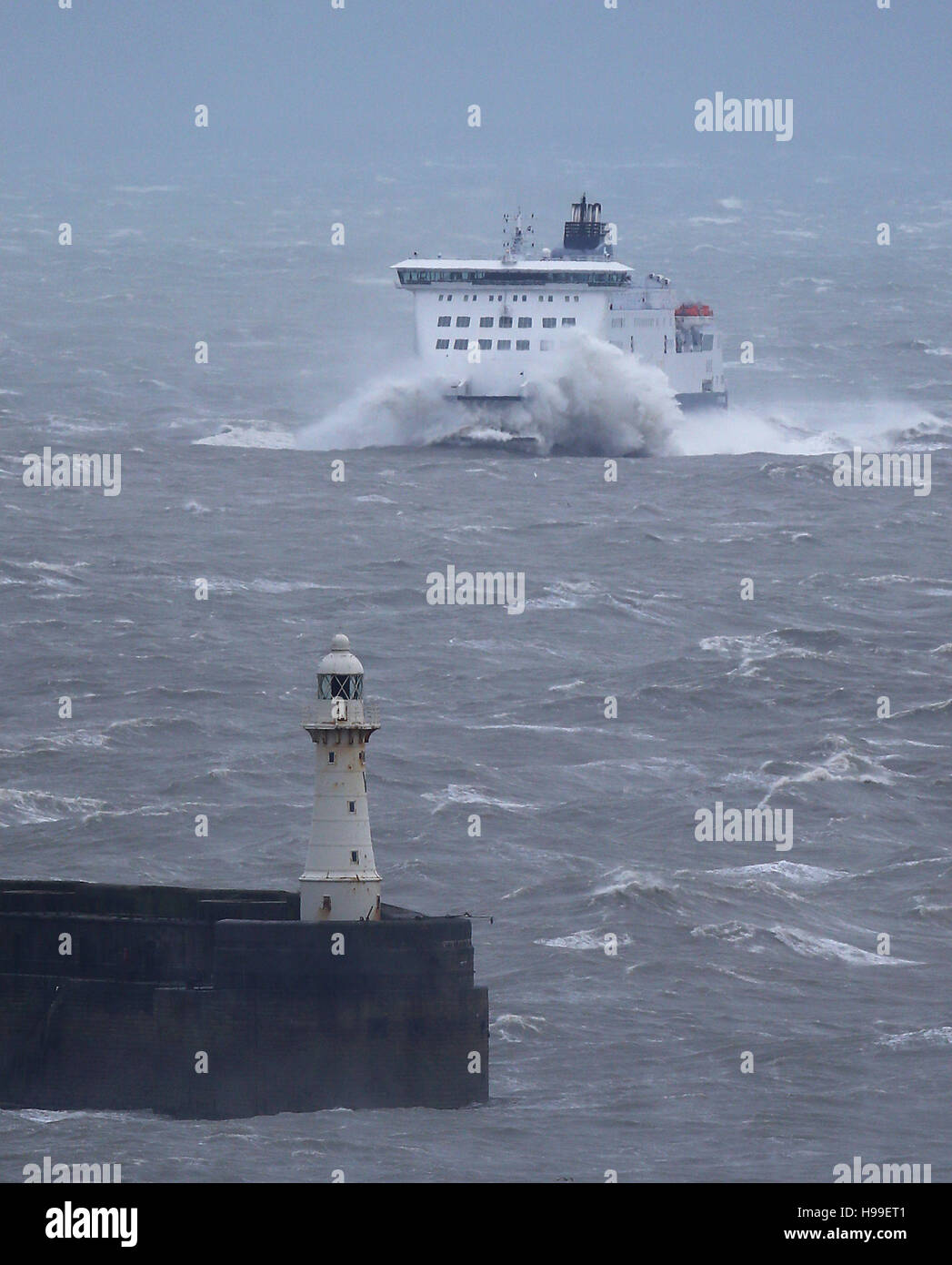 A DFDS ferry heads for the Port of Dover in Dover, Kent, as Storm Angus ...